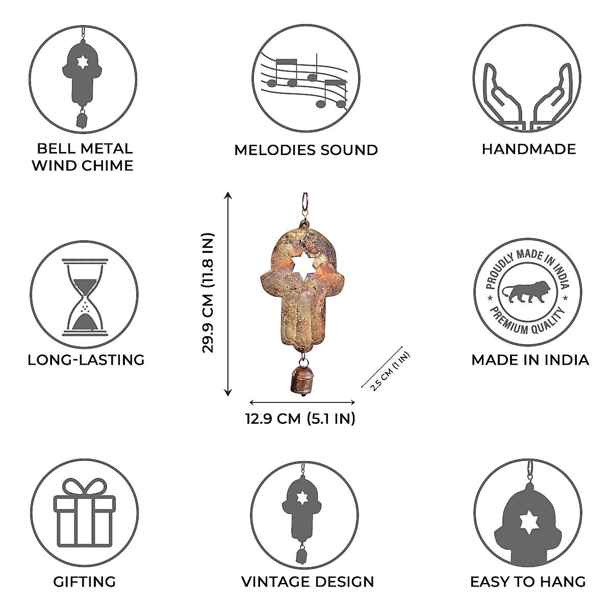 De Kulture Bell Metal Hamsa Wind Chime Hanging Bells for Home Garden Balcony Decor Ideal for New Year Anniversary Birthday Party Decoration (Brown), 5.10x1x11.8 (LWH) Inches