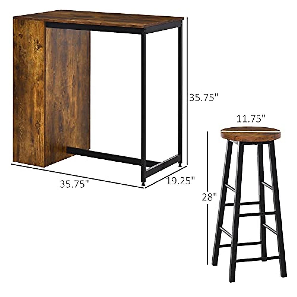 HOMCOM 3 Piece Industrial Dining Table Set, Counter Height Bar Table & Stools Set with Storage Shelf, Rustic Brown
