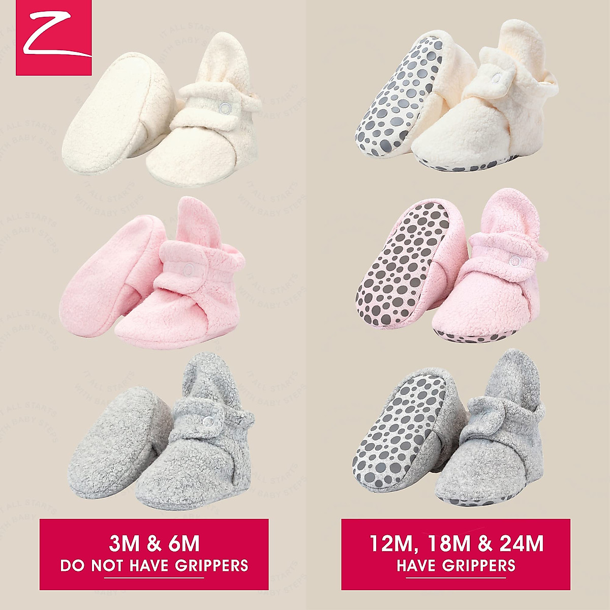 Zutano Unisex Baby Cozie Fleece Baby Booties, Baby Essentials, Pack of 3, Heather Gray/Baby Pink/Cream, 6 Months