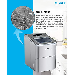 KUPPET Ice Maker Machine for Countertop, Portable Automatic Ice Maker with LCD Display, 9 Ice Cubes Ready in 6min, 26 lbs/Day - for Parties/Home/Office/Bar, Ice Scoop and Basket (Silver)