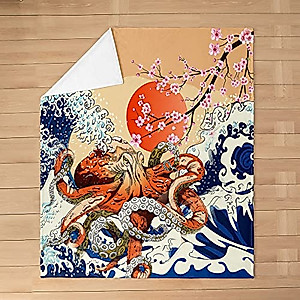 Japanese Ukiyoe Theme Flannel Fleece Throw Blanket,All Season Octopus Ocean Kraken Print Bed Blanket Japanese-Wave Floral Fuzzy Blanket for Bed Sofa Couch,Bedroom Decor Plush Blanket Throw 50"x60"