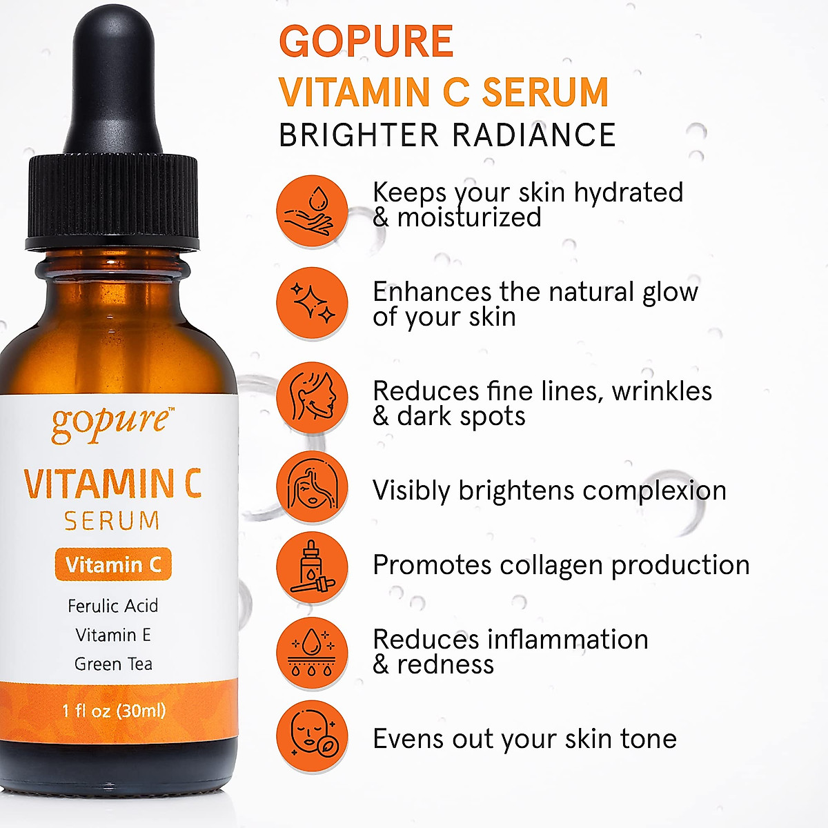 goPure Vitamin C Serum for Face - Radiance-Boosting Face Serum for Glowing Skin, Formulated with Antioxidants Vitamin C and Ferulic Acid to Support more Even-Toned and Brighter-Looking Skin - 1 fl oz