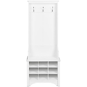 Prepac White Hall Tree, Shoe Cabinet, Storage Cabinet with 9 Shoe Cubbies and 3 Double Coat Hooks 15.5" D x 27" W x 68" H