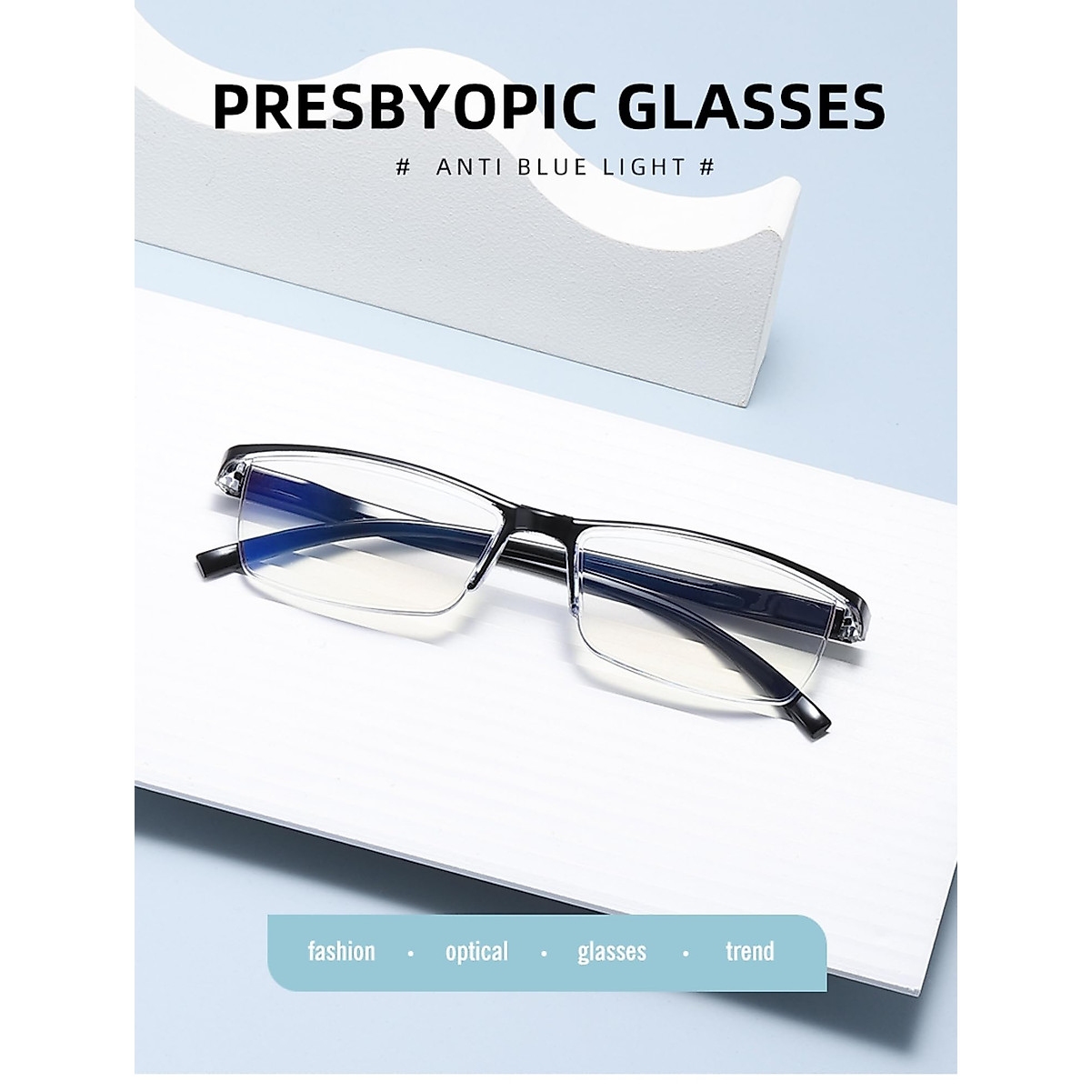 B and Q 6 Pack Mens Rectangular Half Frame Blue Light Blocking Reading Glasses Black Spring Hinge Readers (BQ8008 BK x 6, 1.50) 1.5