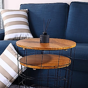 Elevon Wire Basket Base with Wood Tops Side Table Set of 2, Brown