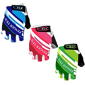 FINGER TEN Kids Junior Cycling Gloves Boy Girl Youth, Outdoor Sport Road Mountain Bike 1 Pair, Gel Padding Bicycle Half Finger Pair (Blue, X-Large)