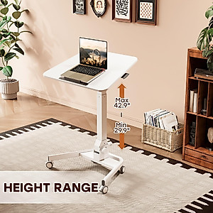 Joy Seeker Foldable Mobile Standing Desk, Pneumatic Height Adjustable and Tilt Rolling Sit Stand Desk, 90° Tiltable Portable Laptop Desk Cart on Wheels White Workstation for Home Office, Easy to Fold