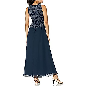 J Kara Women's Sleeveless Scallop Long Beaded Dress W/Scarf, Navy/Grey, 12