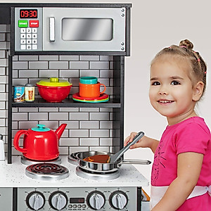 Lil' Jumbl Kids Kitchen Set, Pretend Wooden Play Kitchen, Battery Operated Icemaker & Microwave with Realistic Sound, Pots & Pan Included - Charcoal