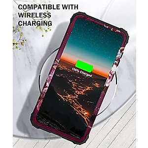 Hocase for Galaxy S21 FE 5G Case, Heavy Duty Shockproof Protection Soft Silicone Rubber+Hard Plastic Bumper Hybrid Protective Case for Samsung Galaxy S21 FE (6.4" Display) 2021 - Burgundy Flowers