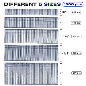 SimCos18 Gauge Brad Nails 2”,1-1/2",1-1/4",1",5/8",1600 pcs Assorted Project Pack,Galvanized 18 GA Nail Gun Nails Assorted and Small Finishing Nails for Pneumatic, Electric Brad Nailer