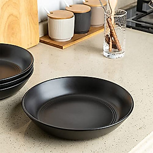 AmorArc 9.5'' Stoneware Pasta Bowls, 38oz Large Wide Salad Serving Bowls Set of 4 for Pasta Salad Snacks Bread Meal, Microwave Safe Flat bowls for Kitchen, Matte Black