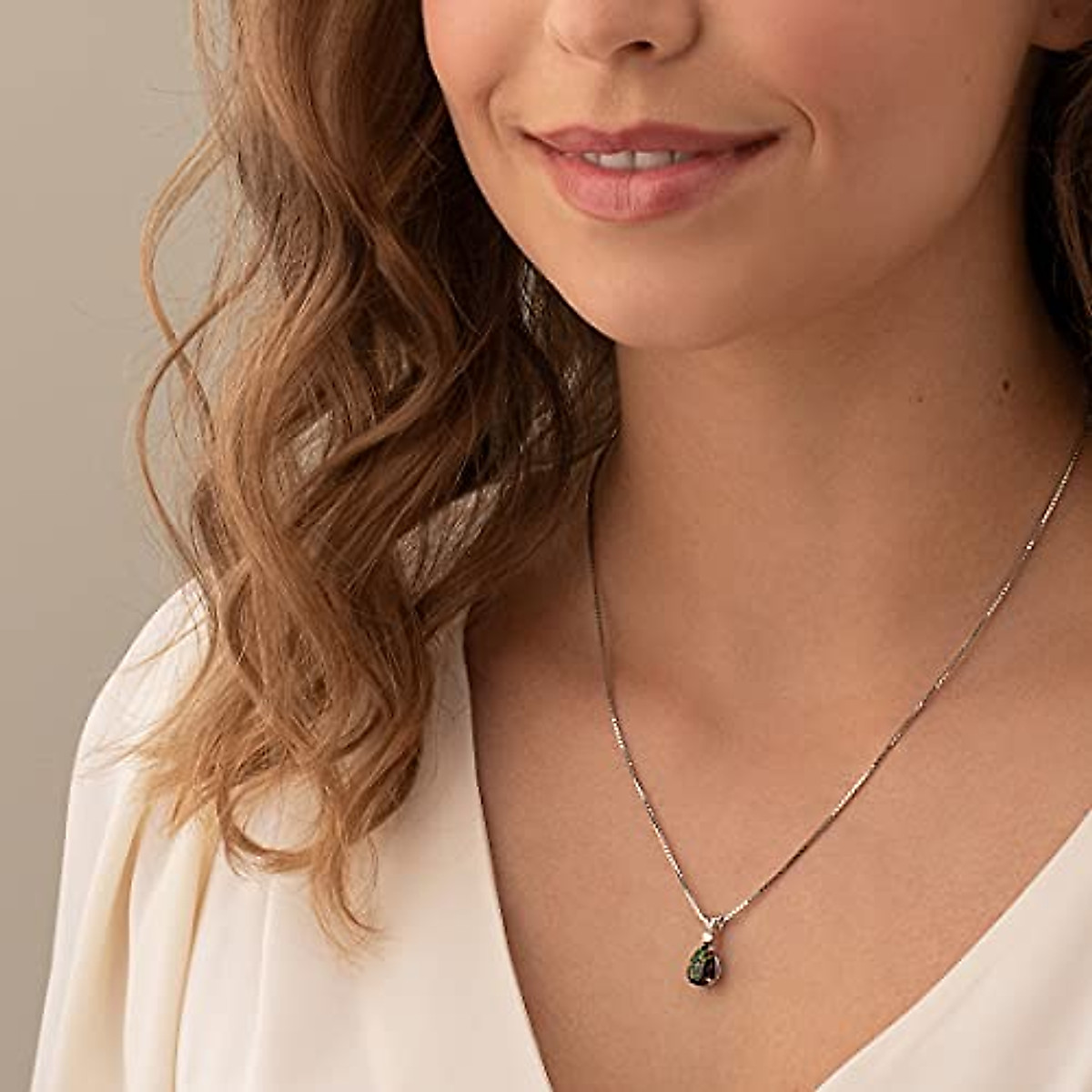 PEORA 14K White Gold Created Black Opal with Genuine Diamond Pendant for Women, Elegant Teardrop Solitaire, Pear Shape, 10x7mm, 1 Carat total