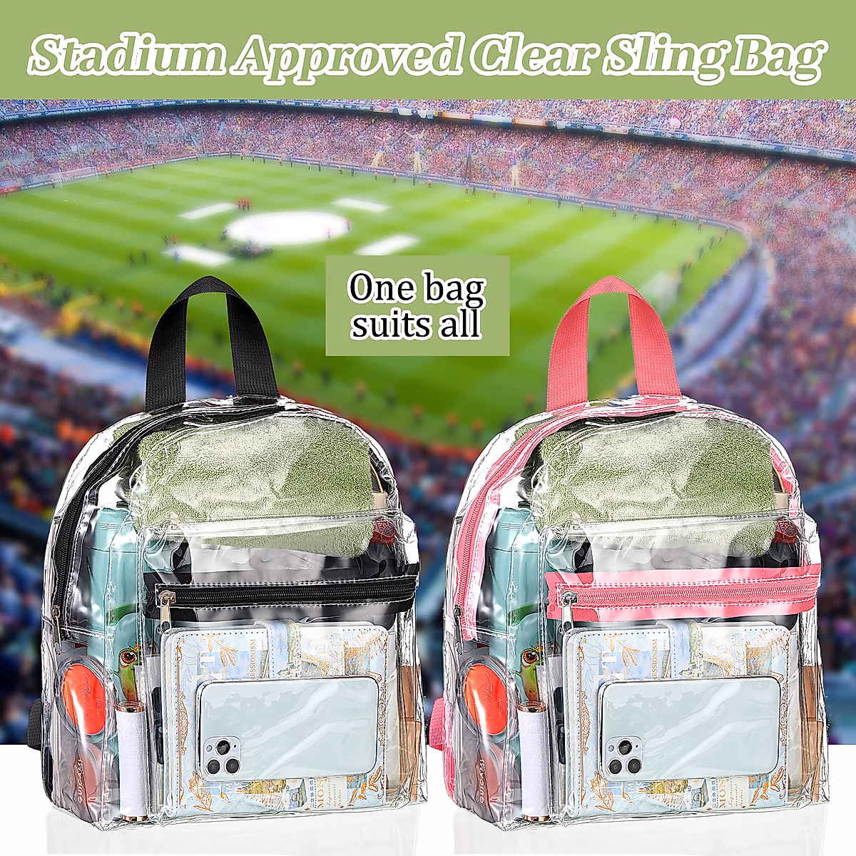 Zhehao 2 Pcs Clear Mini Backpacks Plastic Transparent Backpacks PVC Backpack for Kids, School, Concert, Beach, Stadium, Travel (Black, Pink)