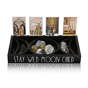 Crystal Holder for Stones Display, Tarot Card Holder Stand, Crystal Storage Organizer, Moon Tray, Altar Supplies Case, Tarot Decor, Zen Decor, Tarot Card Accessories Gifts (Black)