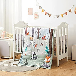 beeweed 3-Piece Crib Bedding Set for Boys Girls, Soft Baby Bedding Set Including Blanket, Crib Skirt & Crib Sheets, Woodland Animal Nursery Bedding Set