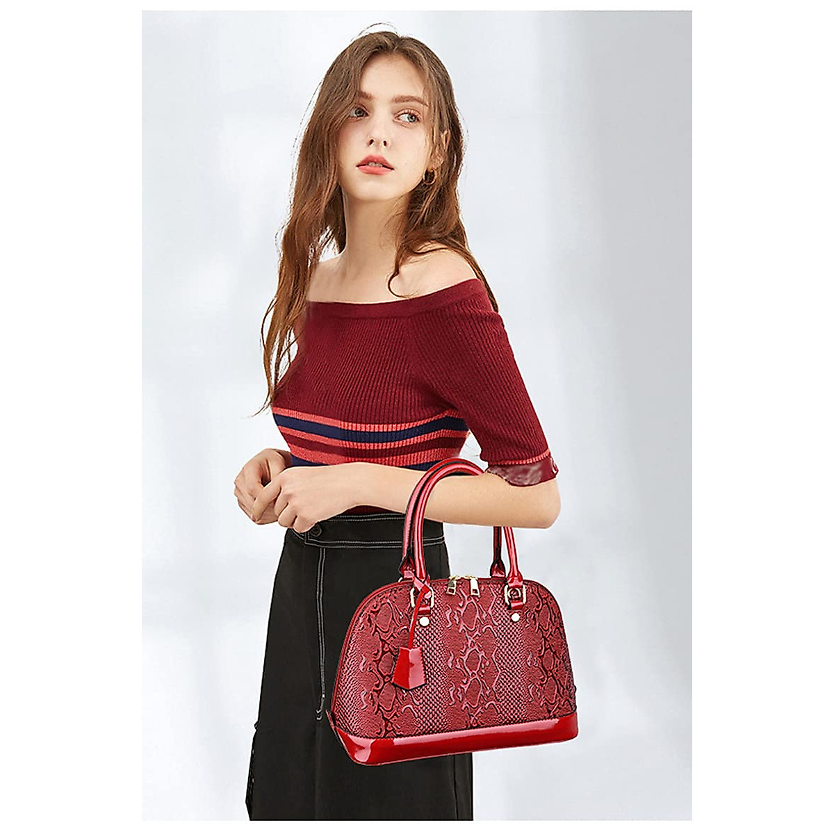 Patent Leather Handbag Crocodile Pattern Top Handle Purse Shell Bag Come with Wallet (Brown)