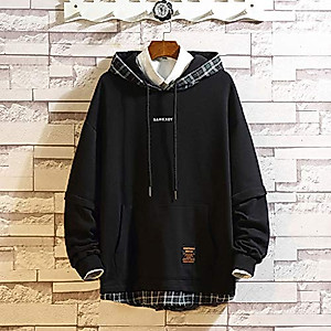 Thenlian Men's Casual Fashion Plaid Patchwork Hoodie Long Sleeves Sweatershirt Tops(XXXXL, Black)