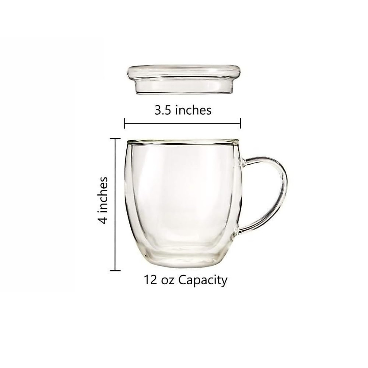 2 Pack -12 oz Clear Double Wall Glass Coffee Mug with Lid | Insulated Heat Proof Glass Tea Cup Mug with Handle | Perfect for Cappuccino Tea Latte Hot Beverage Wine Microwave Safe