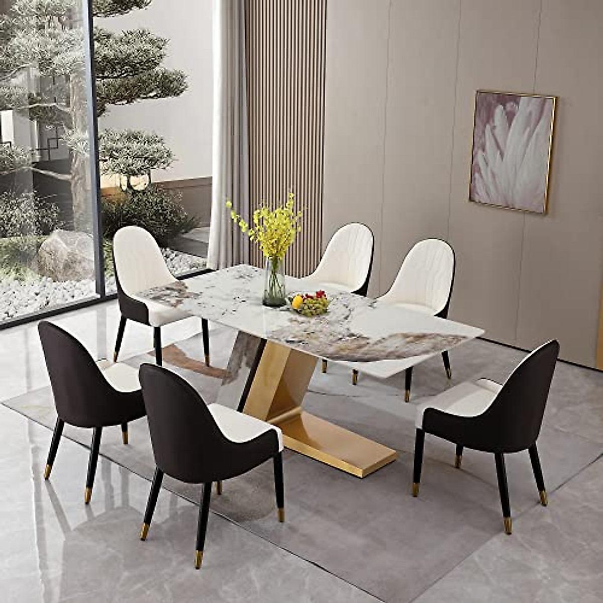HomSof 71" Contemporary Dining Table Sintered Stone Z Shape Pedestal Base in Gold Finish with 6 pcs Chairs,Gold+White+Black