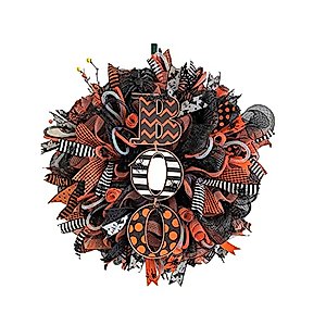 Smasener 14 in Halloween Door Wreaths for Front Door Outside Decorations, 14 in Orange Boo Mesh Wreath for Halloween Door, Wired Ribbon Wreath Artificial Door Wreath Hanging Ornament
