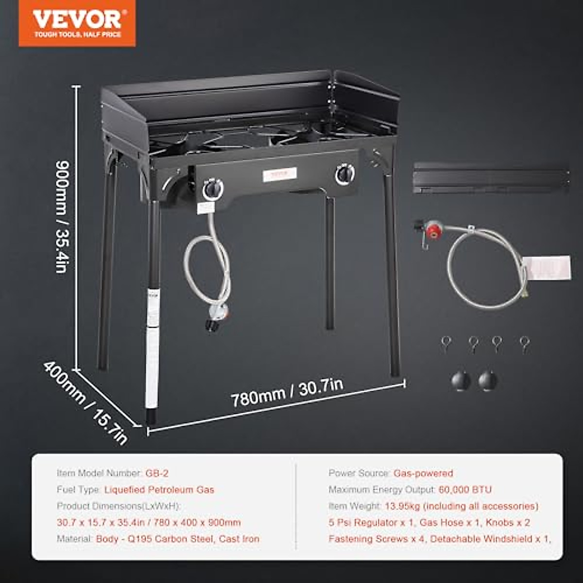 VEVOR Outdoor Propane Burner, 2 Burner Propane Stove with Windscreen, Heavy Duty Gas Cooker w/Detachable Legs Stand & Adjustable PSI Regulator, Propane Burners for Outdoor Cooking