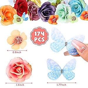 204 Pcs Faux Floral Heads Organza Butterfly Set Artificial Silk Mini Flowers Daisy Rose Small Fake Flowers Heads 3D 2 Layers Butterflies for Crafts Car Cake Wedding Party Decorations DIY Embellishment