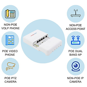 Outdoor 5 Port PoE Switch/Extender/Booster, 60W 48V 10/100/1000M POE Passthrough Switch Outdoor Ethernet Extender，PoE Repeater,6KV Lightning Protection, IEEE 802.3af/at/bt, by CENTROPOWER