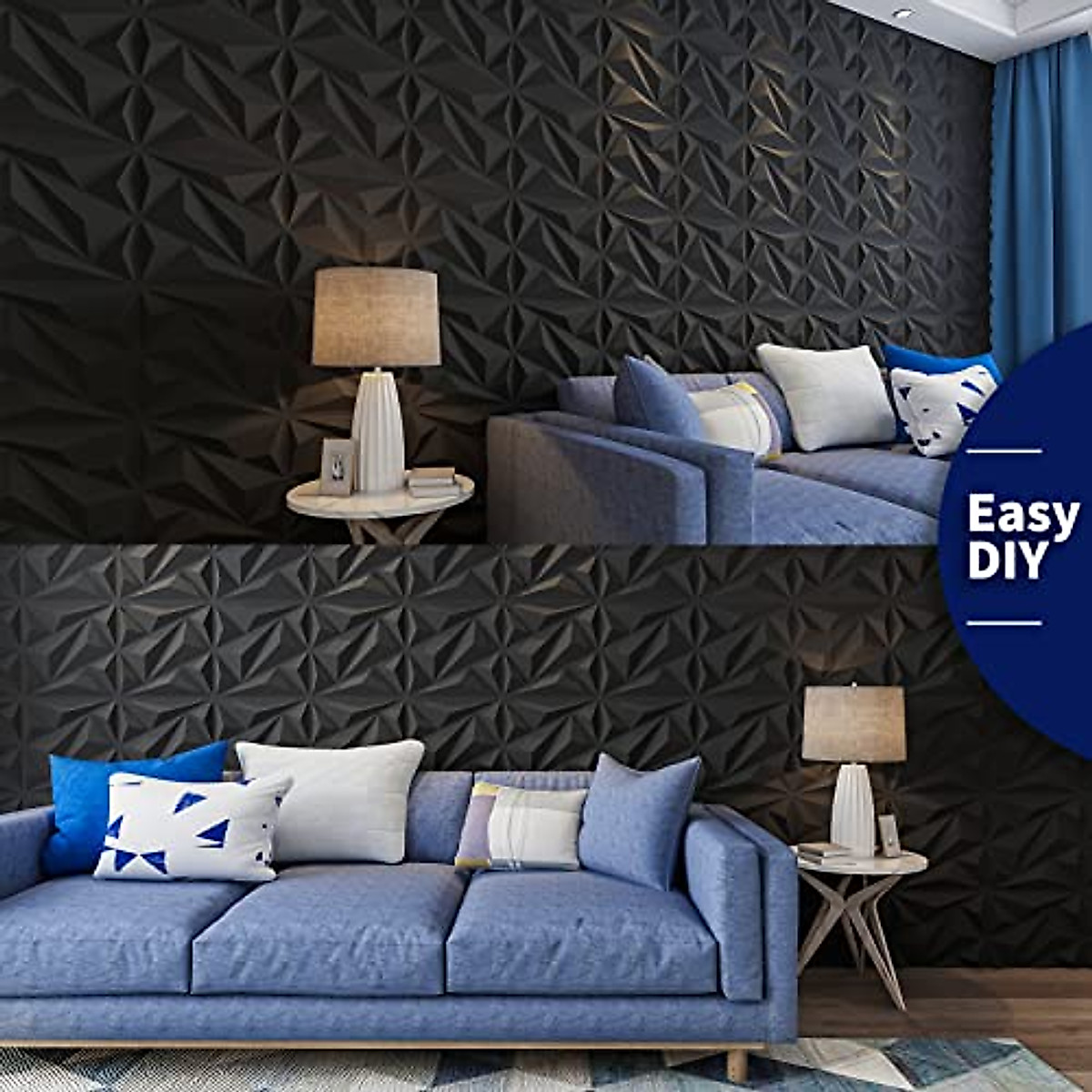 Art3dwallpanels 33 Pack 3D Wall Panel Diamond for Interior Wall Décor, PVC Flower Textured Wall Panels for Living Room Lobby Bedroom Hotel Office, Black, 12''x12'' Cover 32.Sq.Ft.