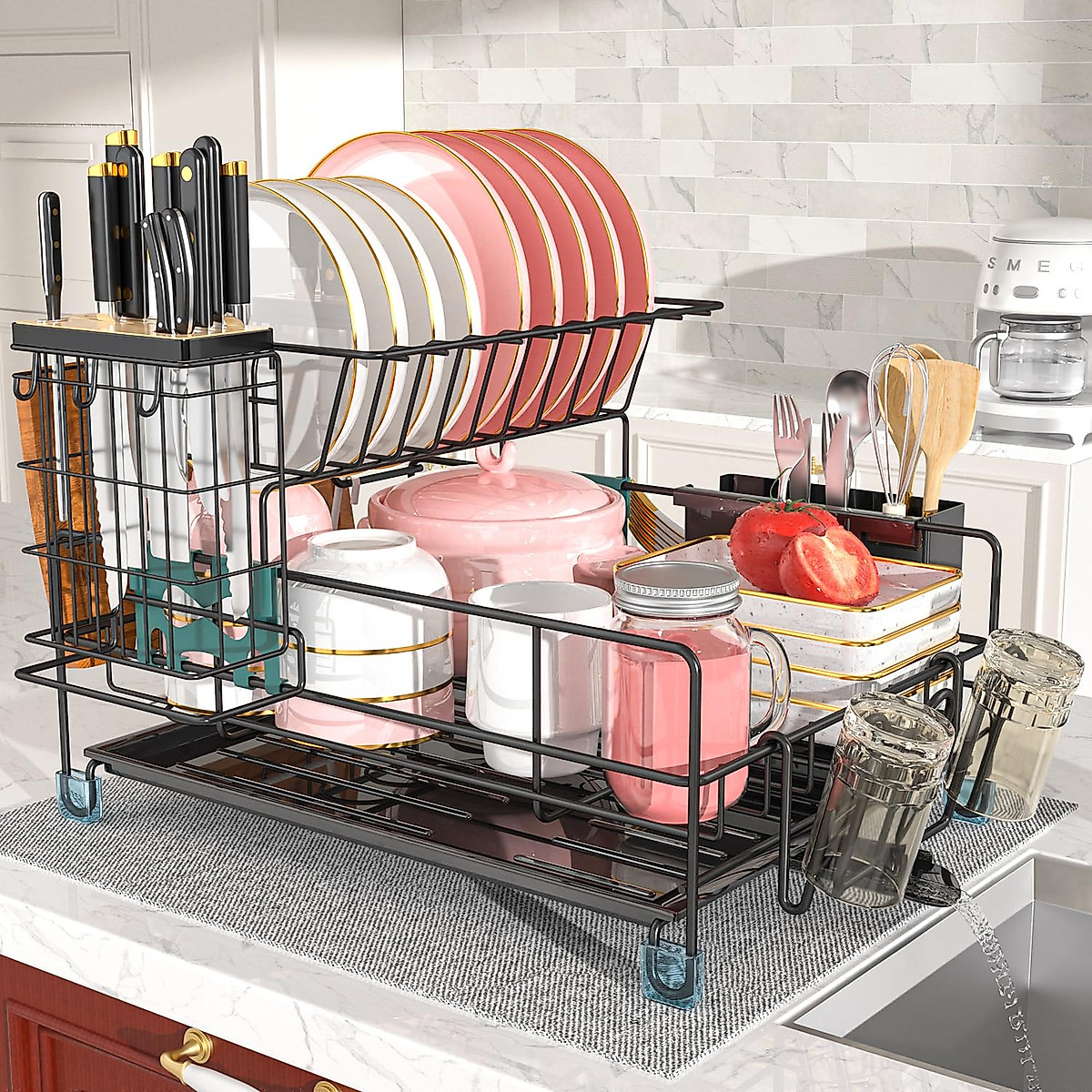 slhsy Dish Drying Rack, Stainless Steel 2-Tier Dish Rack with Cup Holder Utensil Holder Cutting Board Holder Knife Holder with Drainboard Black