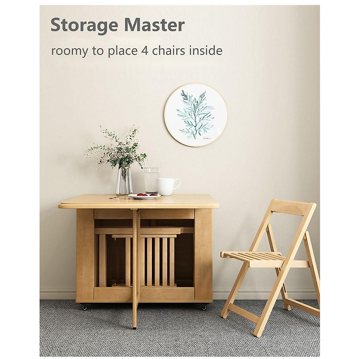 PIAQIA Folding Dining Table, Convertible Drop-Leaf Kitchen Table with Storage, Space Saving Foldable Dinner Table for 4-6, 55" W x 32" D x 29" H, Natural, 1 Table (NO Chairs Included)