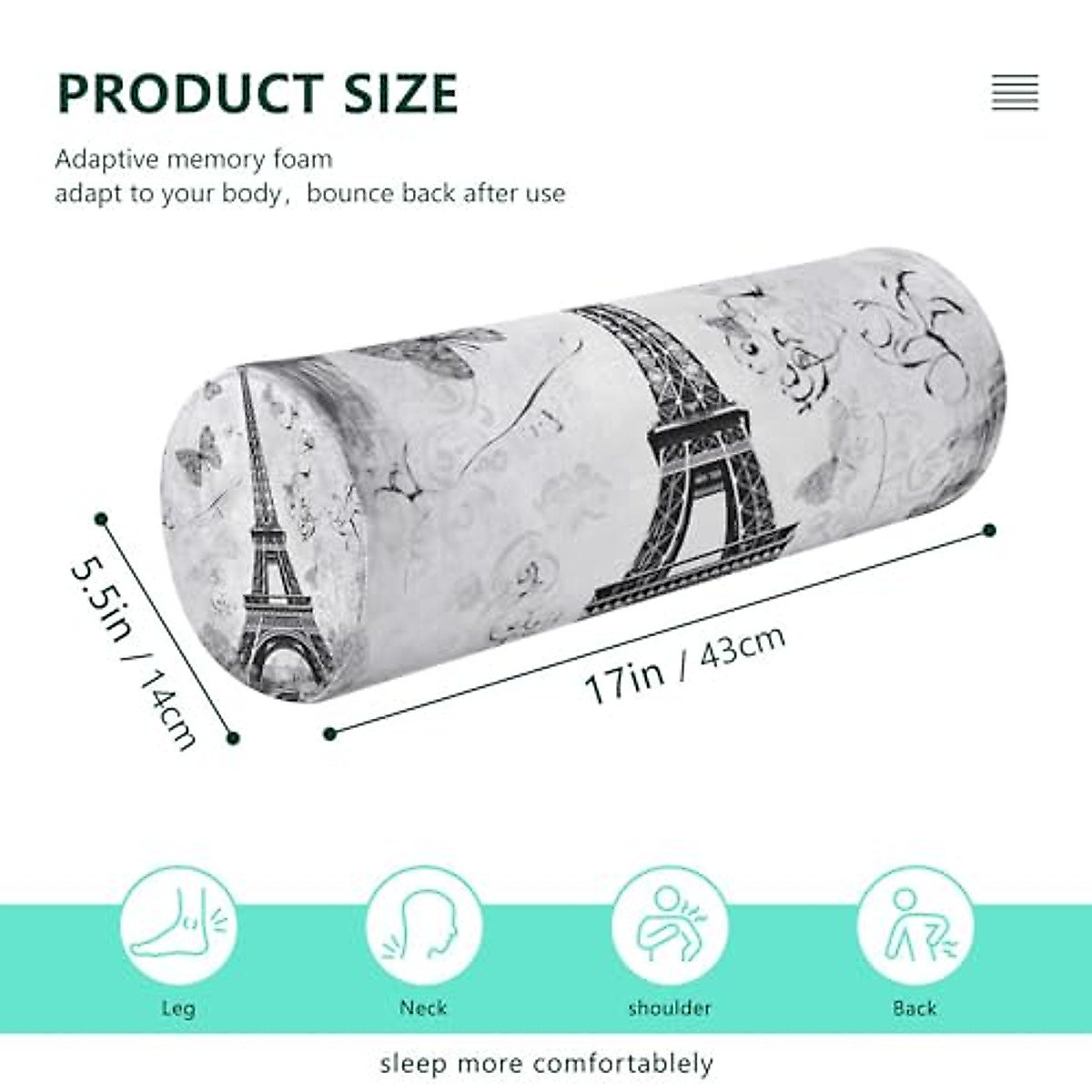 xigua Eiffel Tower with Butterfly Neck Roll Pillow for Neck Relief with Removable Washable Cover - Memory Foam Round Cylinder Bolster, Ergonomically Designed for Head, Neck, Back, and Legs