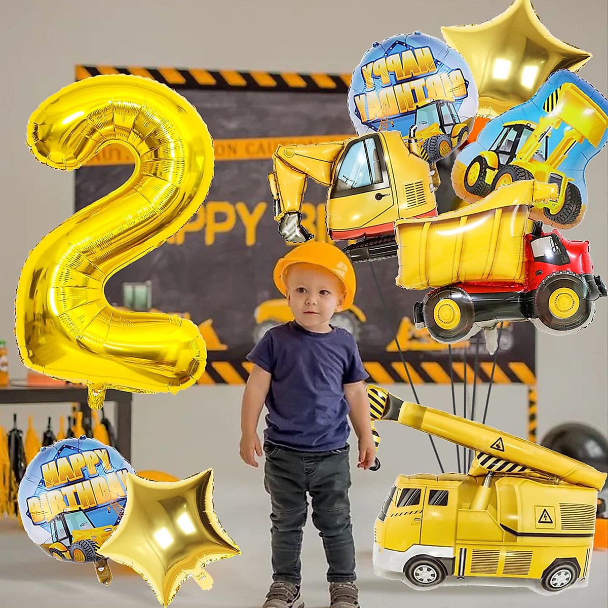 Construction Birthday Party Supplies 2 year Old, 9Pcs Construction Balloons Set with Gold Number 2 Balloons, Large Construction Truck Mylar Foil Balloons Set for Boys 2nd Birthday Party Supplies Decor