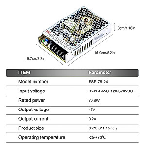 TorqCali RSP-75-24 75W Single Output PFC Function Power Supply 24V Constant Voltage for Industrial Automation, Building Automation, and Access Control Systems