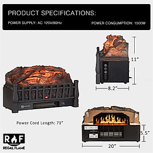 Regal Flame 20 Inch Electric Fireplace Log Realistic Ember Bed Insert with Heater in Oak
