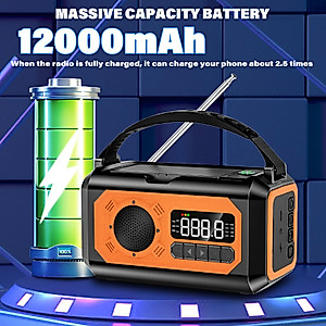 TURJGKSG 12000mAh Emergency Weather Radio, Hand Crank Radio, Portable AM/FM/NOAA Radio with 2 Solar Panels, Multi-Function Solar Radio with Flashlight Reading Lamp SOS, Compass, Power Bank(Orange)