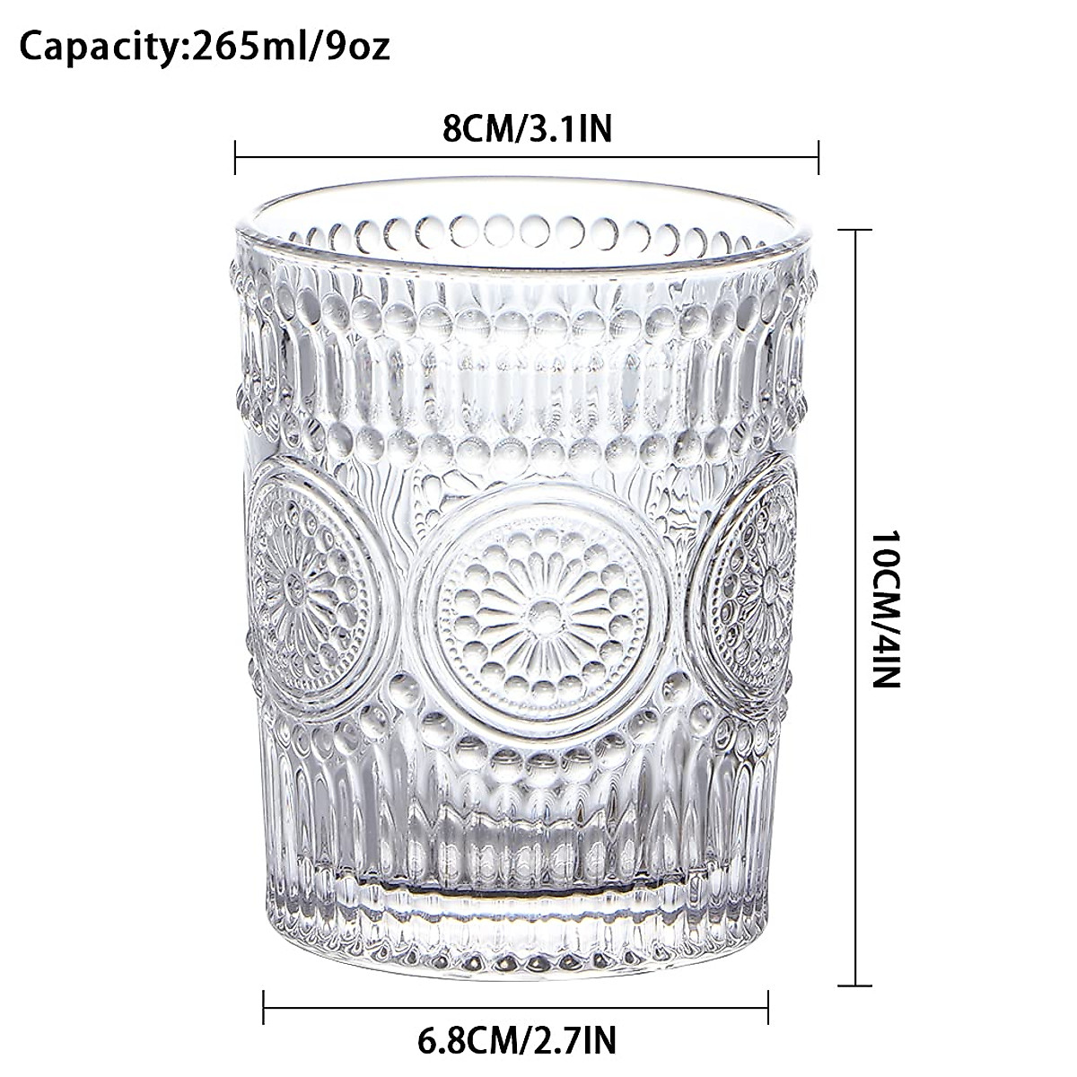 MDLUU 6-Pack Embossed Drinking Glasses, Romantic Glassware, Vintage Glass Tumblers for Juice, Beverages, Cocktail, Capacity 9oz/265ml