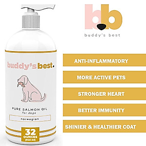 Buddy's Best, Salmon Oil for Dogs 32 oz Bottle with Pump - 100% Pure Norwegian Virtually Odorless Fish Oil - Omega-3 Supplements for Dogs & Cats - Promotes Healthy Skin and Coat - Dog Food Oil