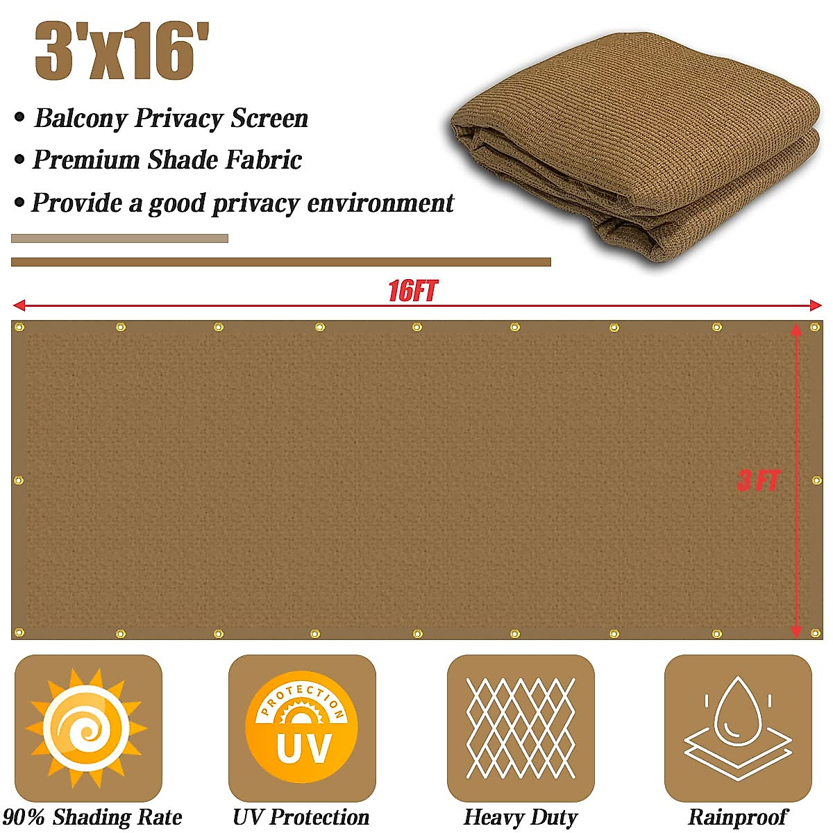 Vocray 3' x 16' Red Brown Balcony Privacy Screen Fence Cover UV Resistant Protection Heavy Duty for Deck, Patio, Backyard, Railing Shield, Cable Ties Included, 90%