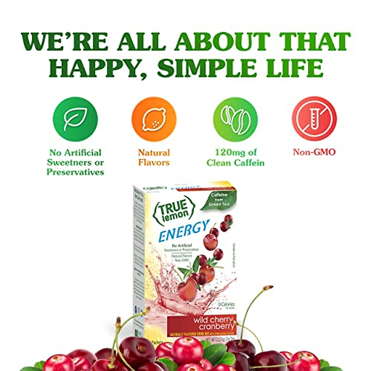 TRUE LEMON Energy Wild Cherry Cranberry Drink Mix,No Preservatives, No Artificial Sweeteners, Gluten Free Water Flavor Packets & Water Enhancer with Stevia, 6 Count (Pack of 12)
