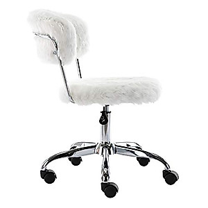 White Home Office Chair Cute Fluffy Vanity Chair with Back Task Upholstered Fur Armless Swivel Desk Chair for Study Room, Height Adjustable