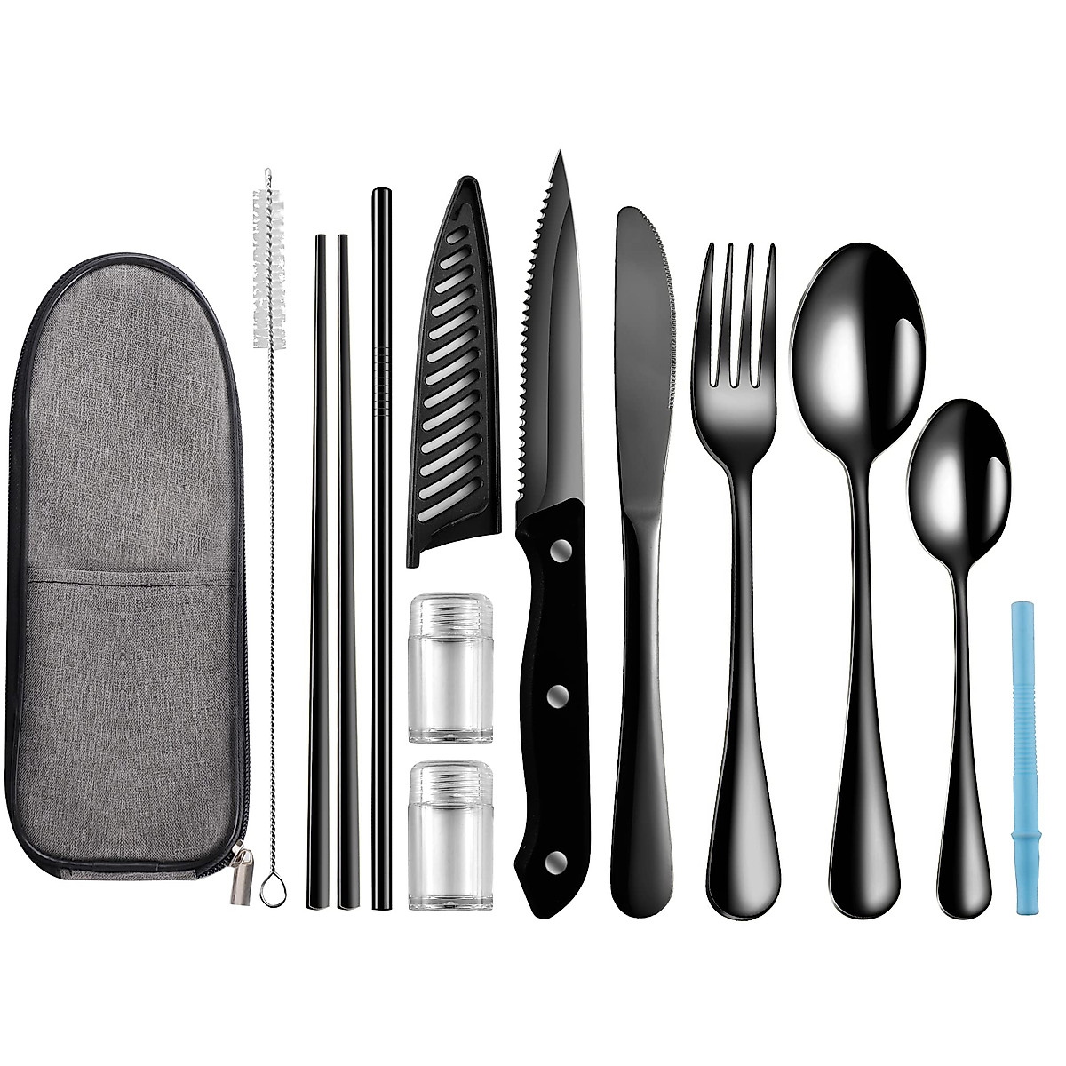 Logcow Portable Travel Utensils Set,Reusable Camping Cutlery Set,Stainless Steel Flatware Set with Case,Lunch Boxes Workplace Camping School Picnic (Black)