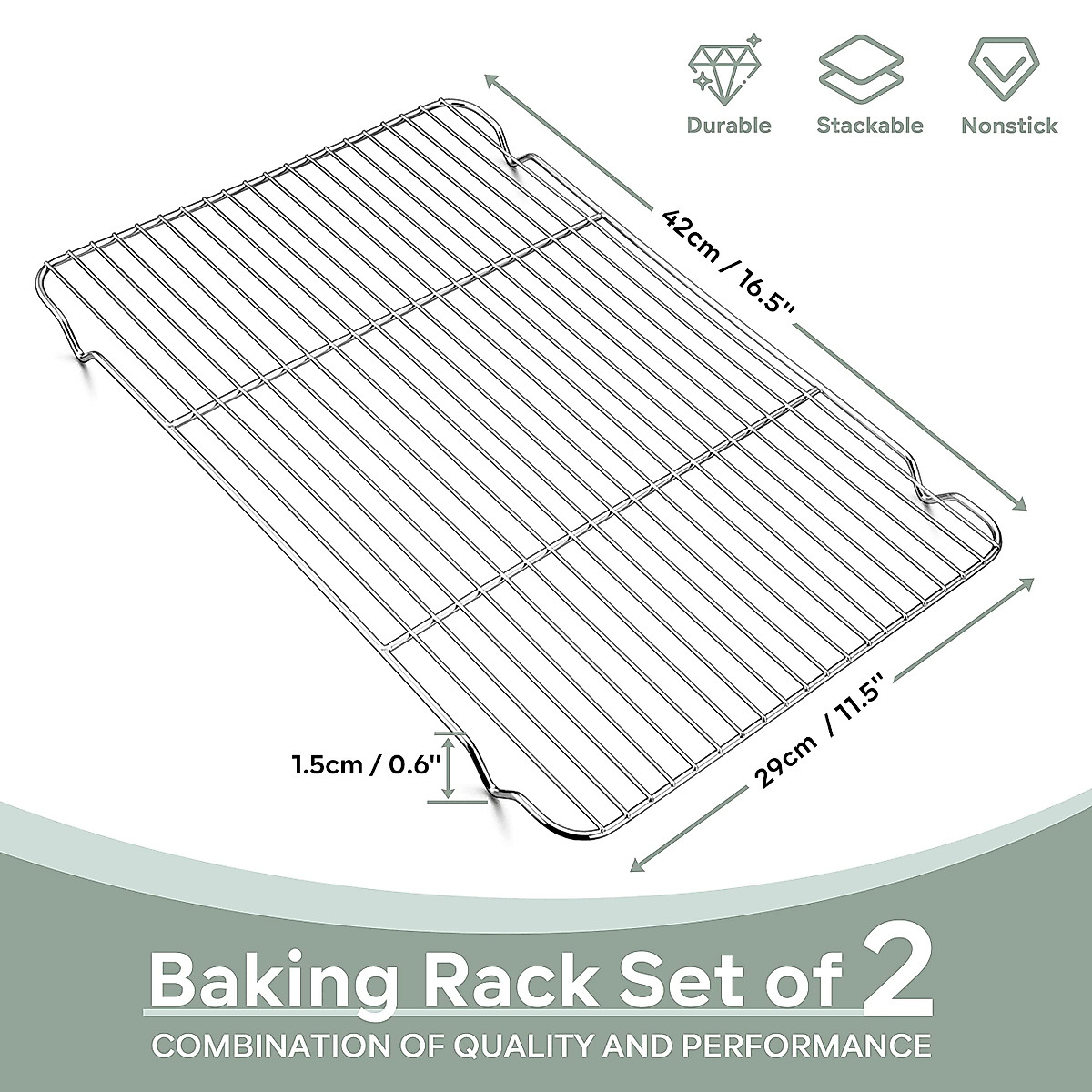 Herogo Cooling Rack Set of 2, Stainless Steel Large Baking Oven Rack, 16.5" x 11.5" Fit Half Sheet Pan, Bacon Cake Cookies Rack for Cooling Grilling Roasting, Rust Resistance