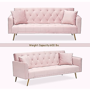 72"Modern Velvet Sofa Bed Futon,Convertible Folding Sleeper Bed Couches with 3 Adjustable Backrests,Tufted Recliner Loveseat with Golden Chrome Legs for Small Living Room Office (Light Pink+pillows)