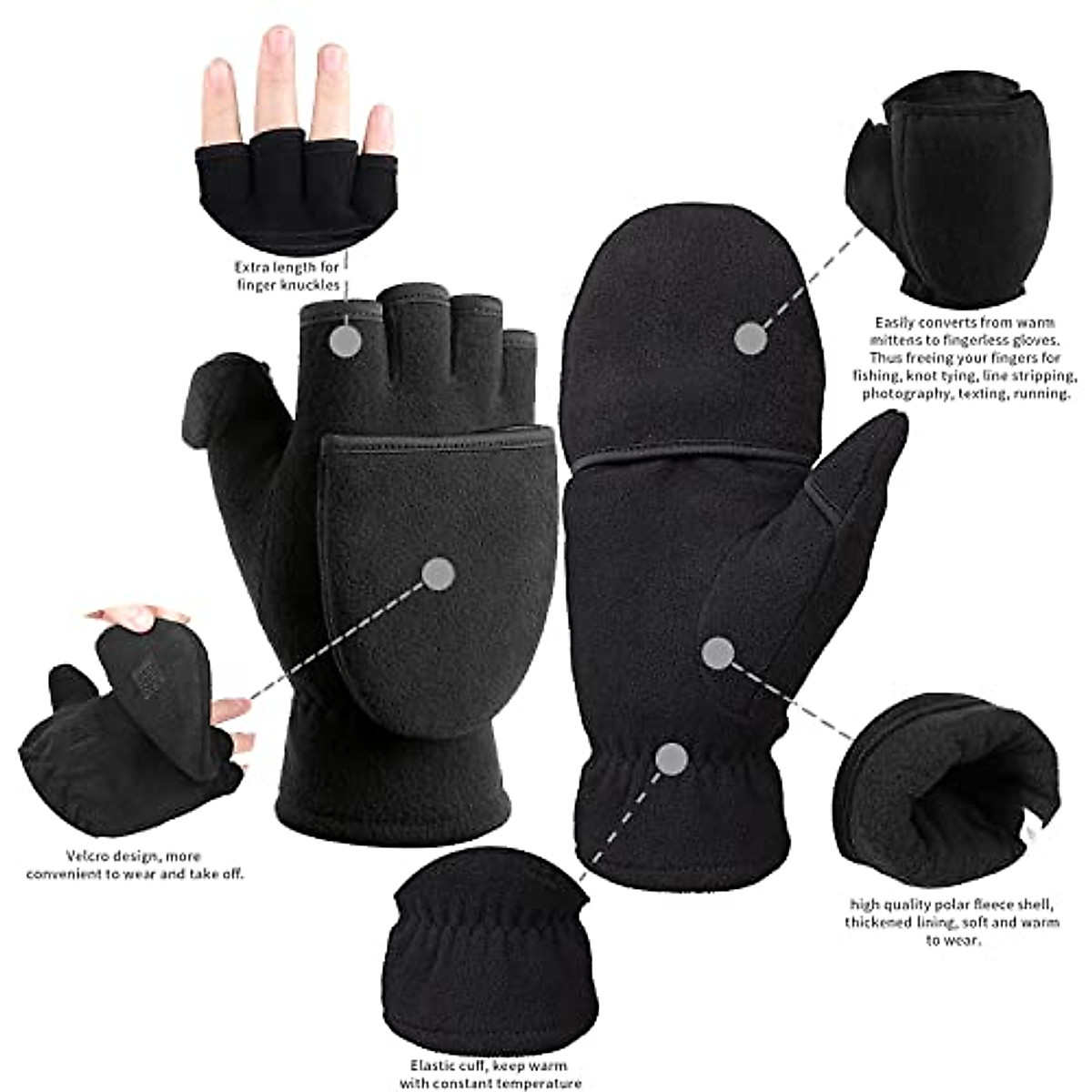BESSTEVEN Winter Fingerless Gloves for Men Women | Convertible Flip Top Mittens - Thermal Polar Fleece Warm Lightweight for Texting Jogging - Black Medium