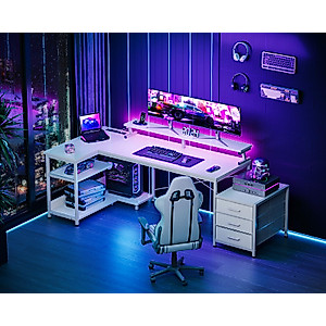 AODK L Shaped Gaming Desk with Drawers, Reversible Corner Computer Desk with LED Lights & Power Outlets, Large Home Office Desk withMonitor Stand & Storage Shelf, 58Inch - 71Inch, White