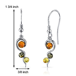 Peora Genuine Baltic Amber Earrings for Women 925 Sterling Silver, Three Stone Drop Design, Rich Multiple Colors, Fishhooks