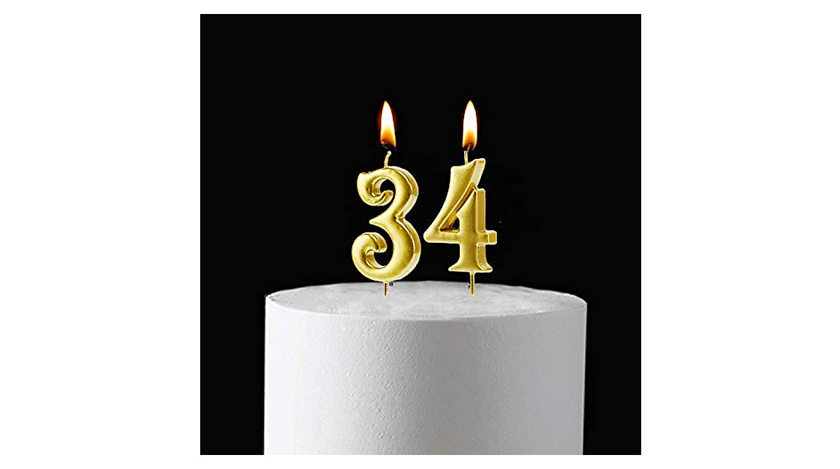 Gold Number 34 Birthday Candles & Cake Topper for Parties