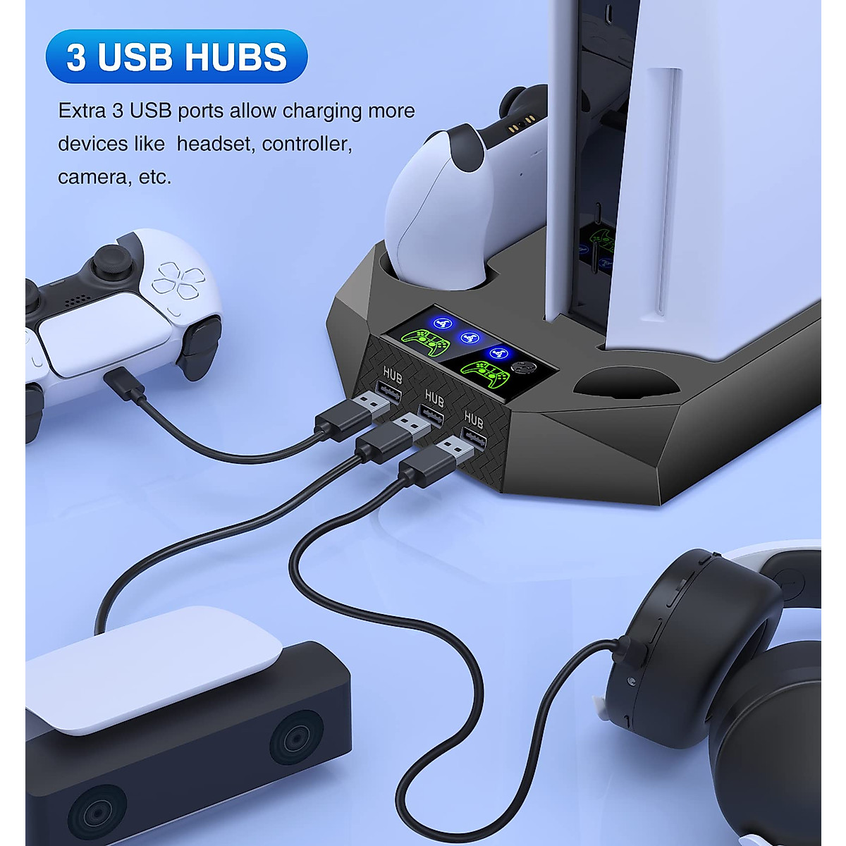 PS5 Stand with Cooling Station PS5 Controller Charging Station for Playstation 5 PS5 Console Edition, PS5 Accessories-Cooler Fan/Remote Charger/Headset Holder(Not Fit 2023 PS5 Slim Disc/Digital)