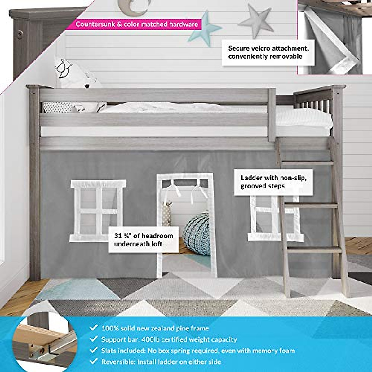 Max & Lily Low Loft Bed, Twin Bed Frame With Curtains For Bottom, Clay/Grey
